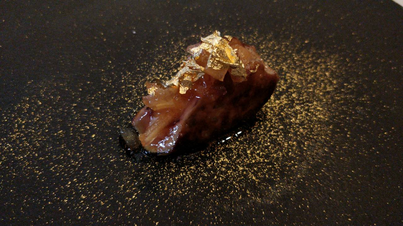 Foie gras, apple mostarda, 30 year old balsamico and gold 🤩 Another ...